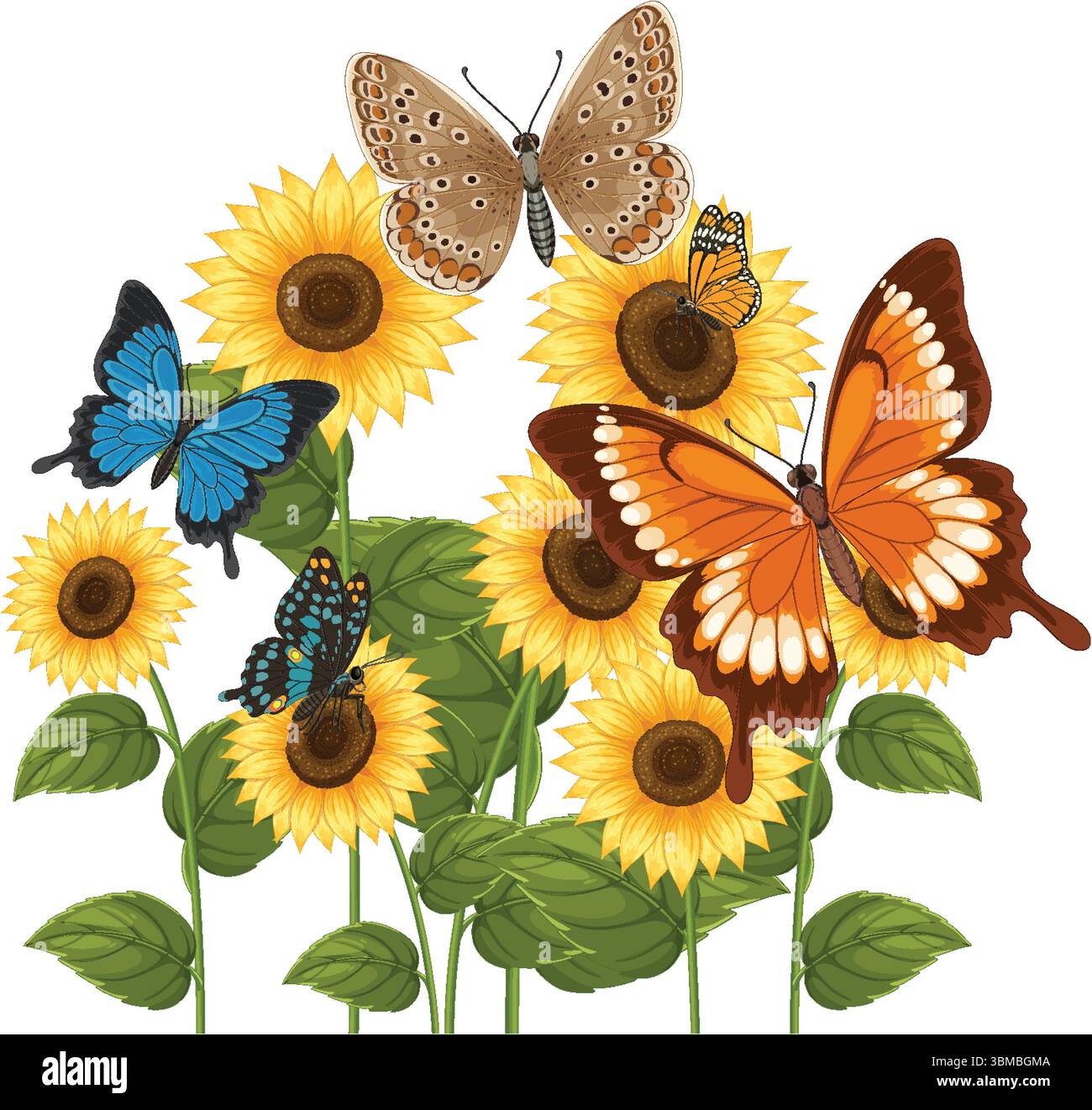 Colorful butterflies flutter around bright sunflowers in a detailed ...