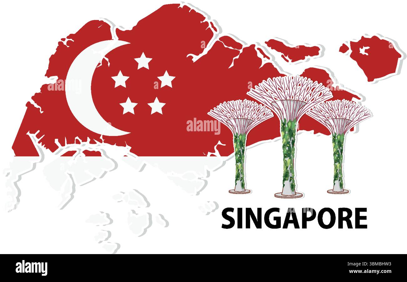 Vector illustration of Singapore map with Supertree Grove. Red and ...