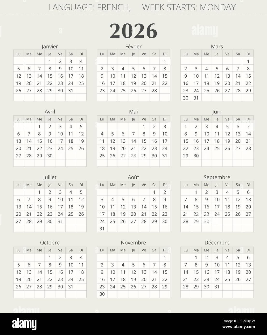 2026 year french calendar. Vector illustration for France. Francais ...