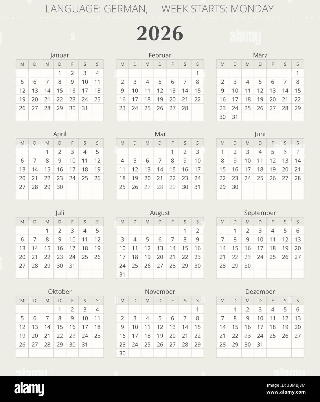 GERMAN modern calendar for 2026 year. Vector illustration for Germany ...