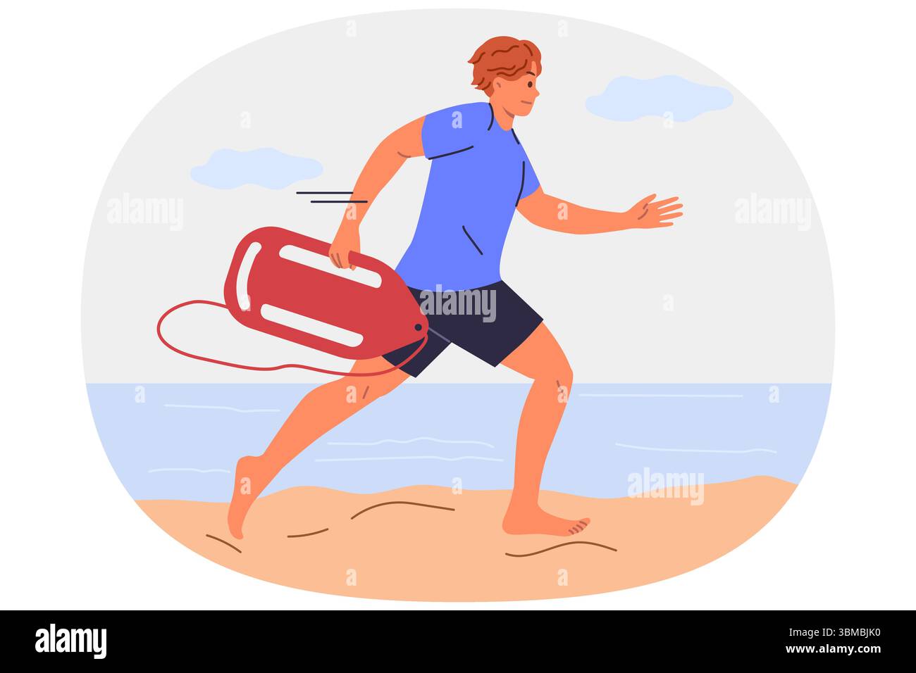 Man lifeguard runs along beach to save life of man in need of help is ...