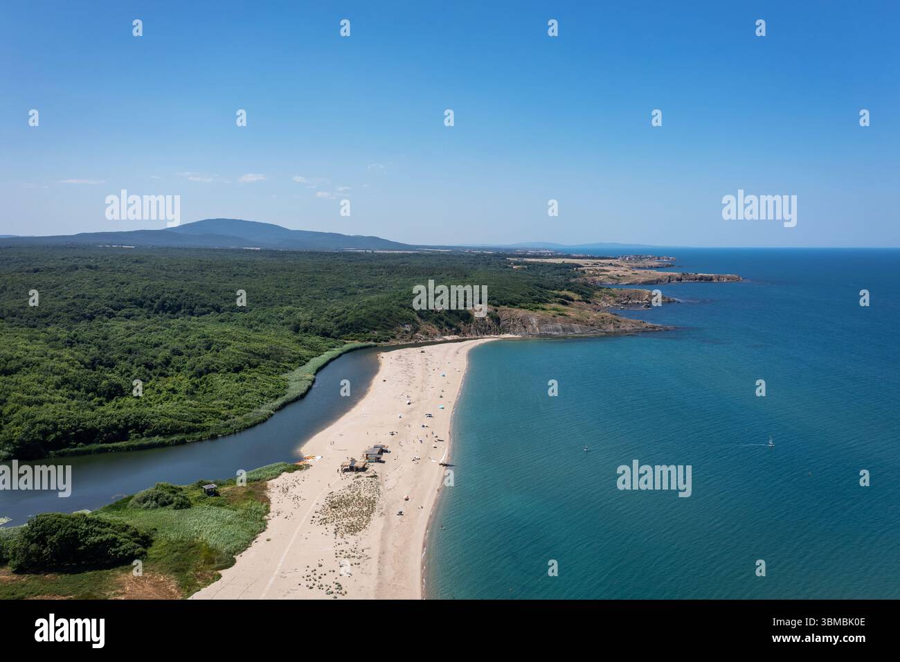 Aerial view to beautiful beach on Sinemorets and mouth of Veleka river ...
