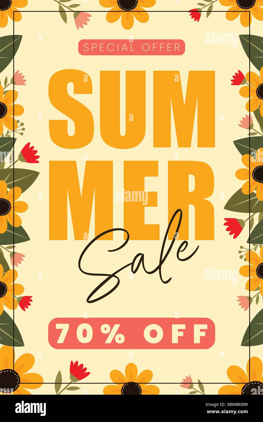 Summer Discount Poster Featuring Sunflowers Flowers and Leaves Border ...