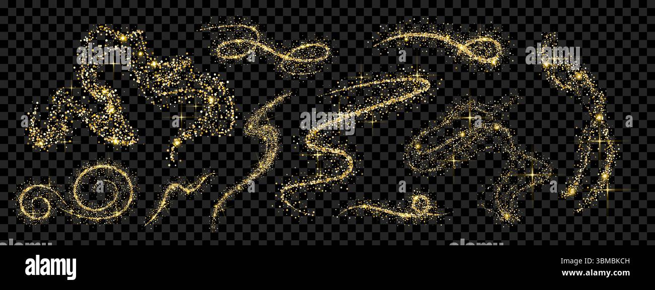 Gold glitter dust. Set of luminous golden spirals and trails. Sparkling light effects and ...