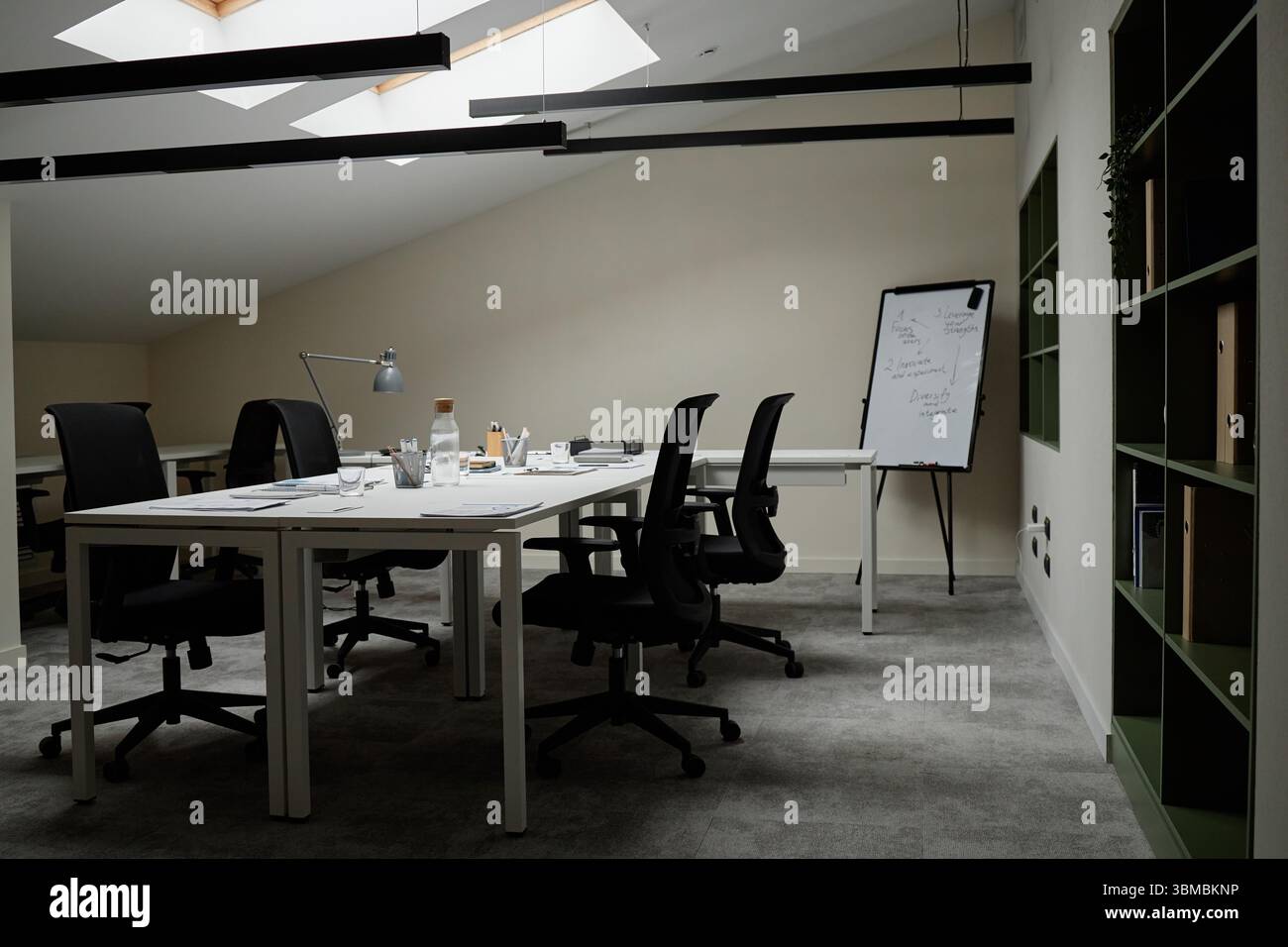 Empty Modern Office Workspace Featuring Tables Chairs and Whiteboard ...