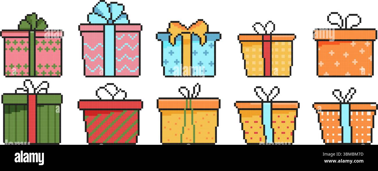 8 bit gift boxes icon set. Pixel art object. Old school vintage game graphics Stock Vector Image ...