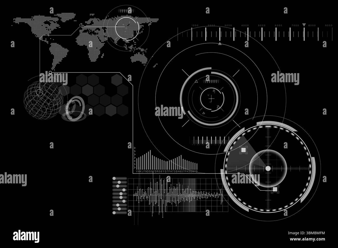 Dark-mode HUD is featuring large concentric reticle alongside dotted map, bar graph, waveform ...