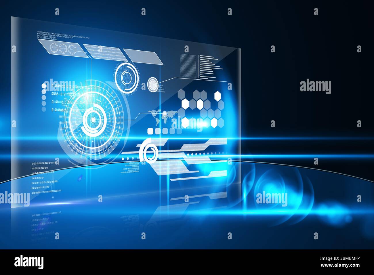 3D holographic interface panel is floating over reflective floor, showing HUD rings and world ...