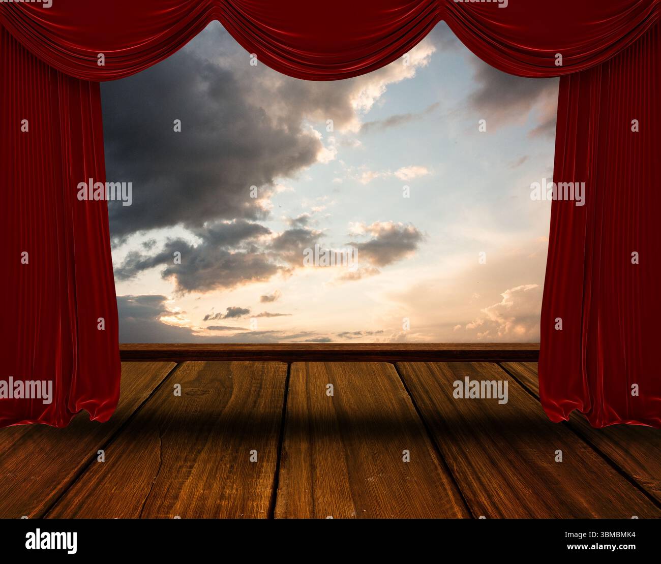 flat design illustration is showing red velvet curtains framing wooden ...
