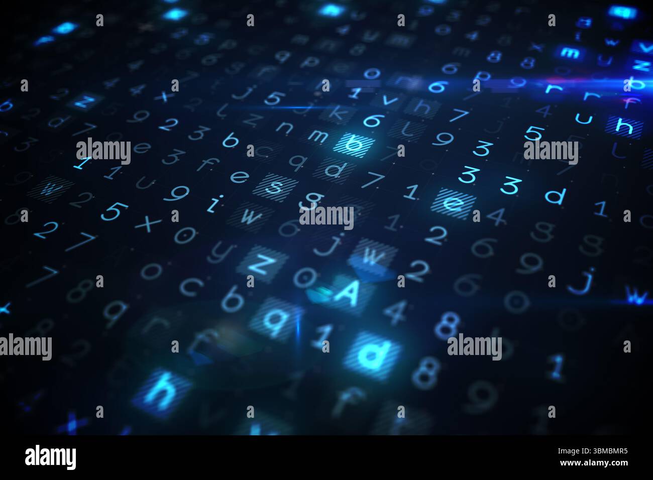 Glowing alphanumeric characters are floating on 3D render digital grid with light streaks Stock ...