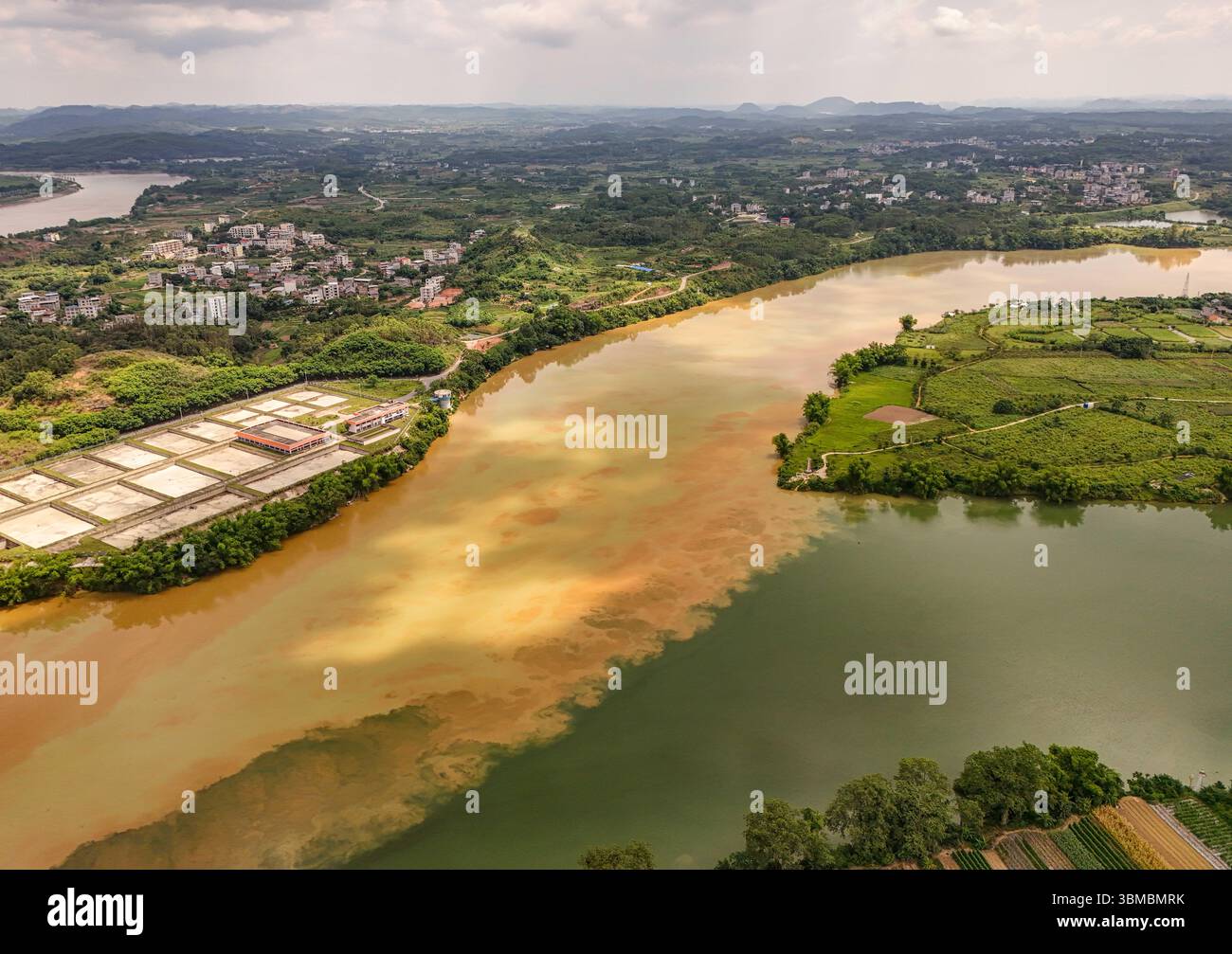 Aerial view of the Sanjiangkou River at the confluence of the Left ...