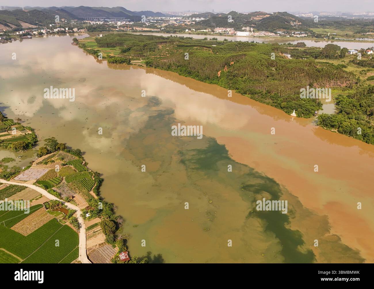 Aerial view of the Sanjiangkou River at the confluence of the Left ...