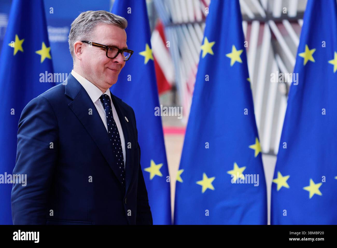 Finland's Prime Minister Petteri Orpo arrives for an EU summit at the European Council building ...