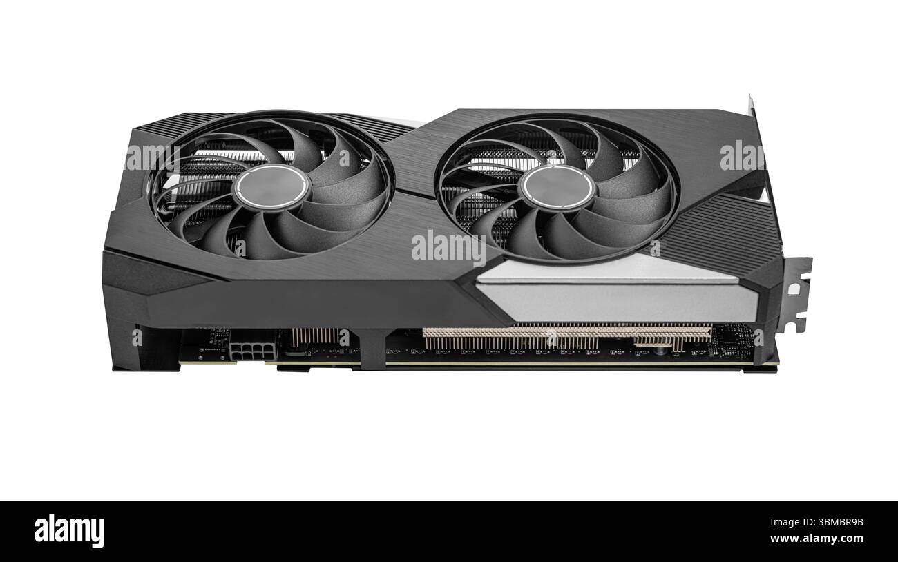 High-performance black dual-fan graphics card isolated on a white ...