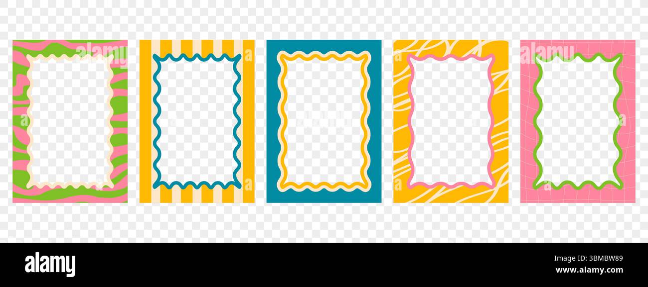 Set of retro wavy frames. Trendy borders with groovy patterns. Modern ...