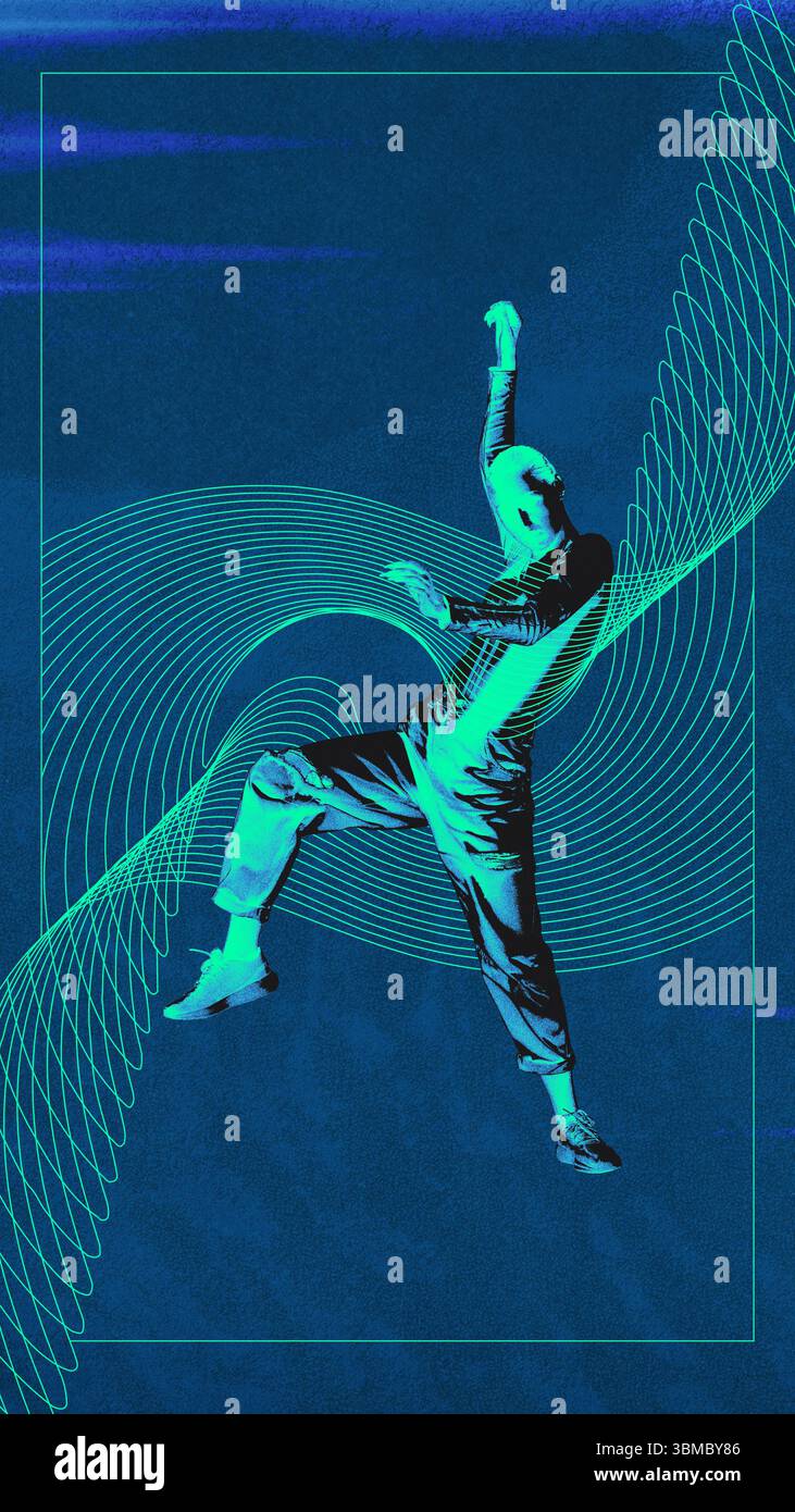 Dynamic brutalist dancer silhouette with swirling green patterns on ...