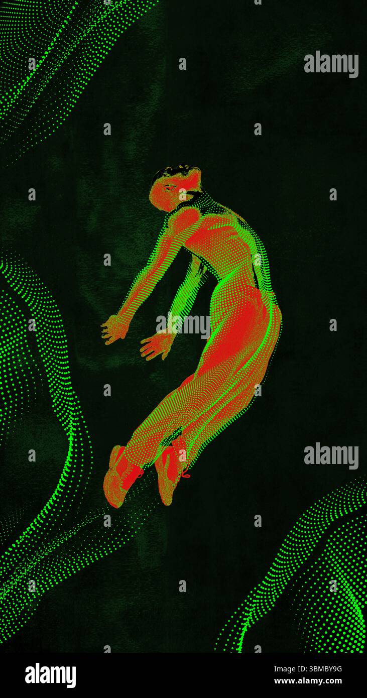 Electro jump. Jumping hip-hop dancer connected to a network of neon ...