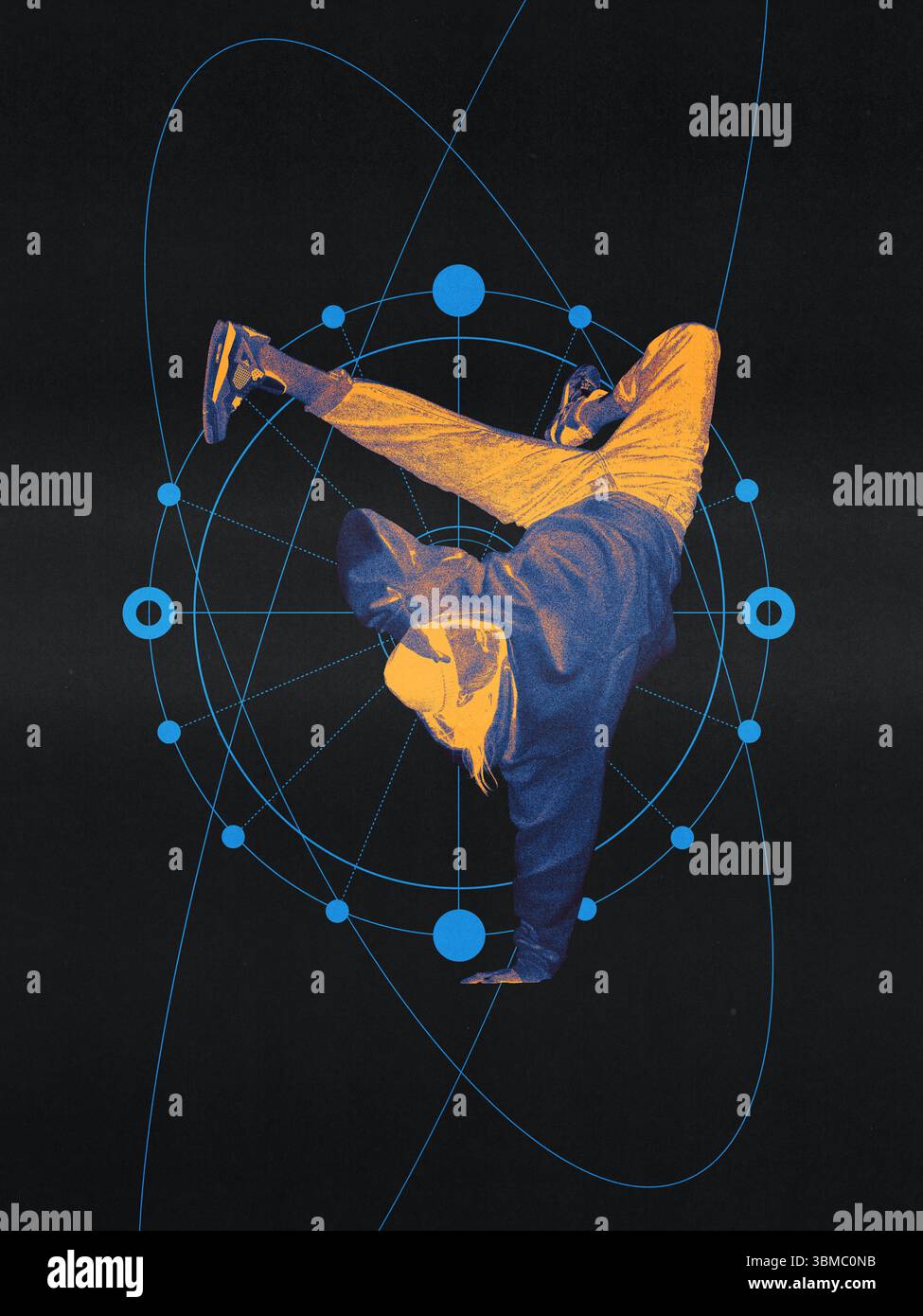 Dance as science. Breakdancer executing dynamic freeze with brutalist ...