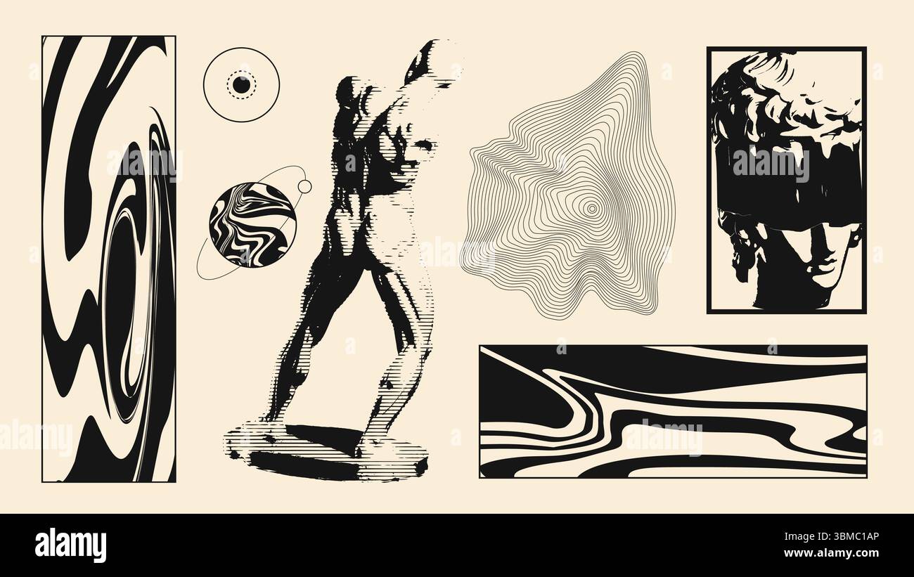 Brutalist myth collage with heroic statue, planets and blindfolded ...
