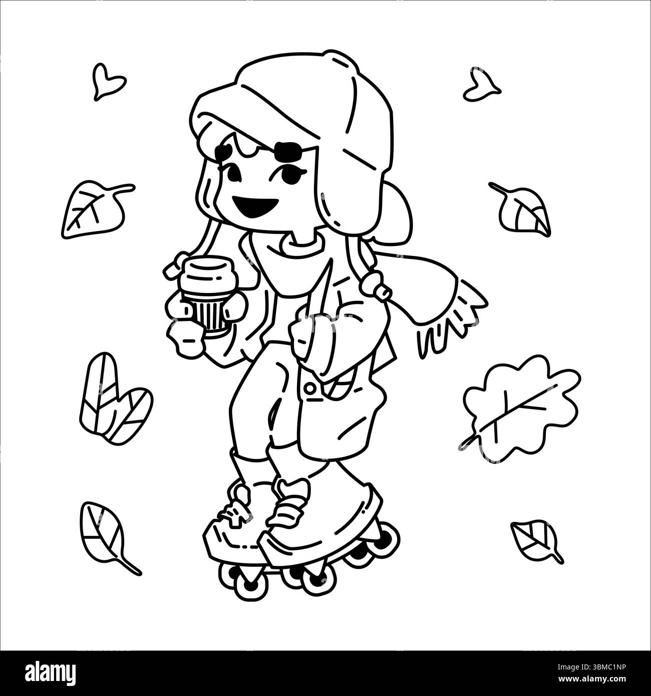 Autumn Roller Character Coloring Page. Outline drawing of a child in ...