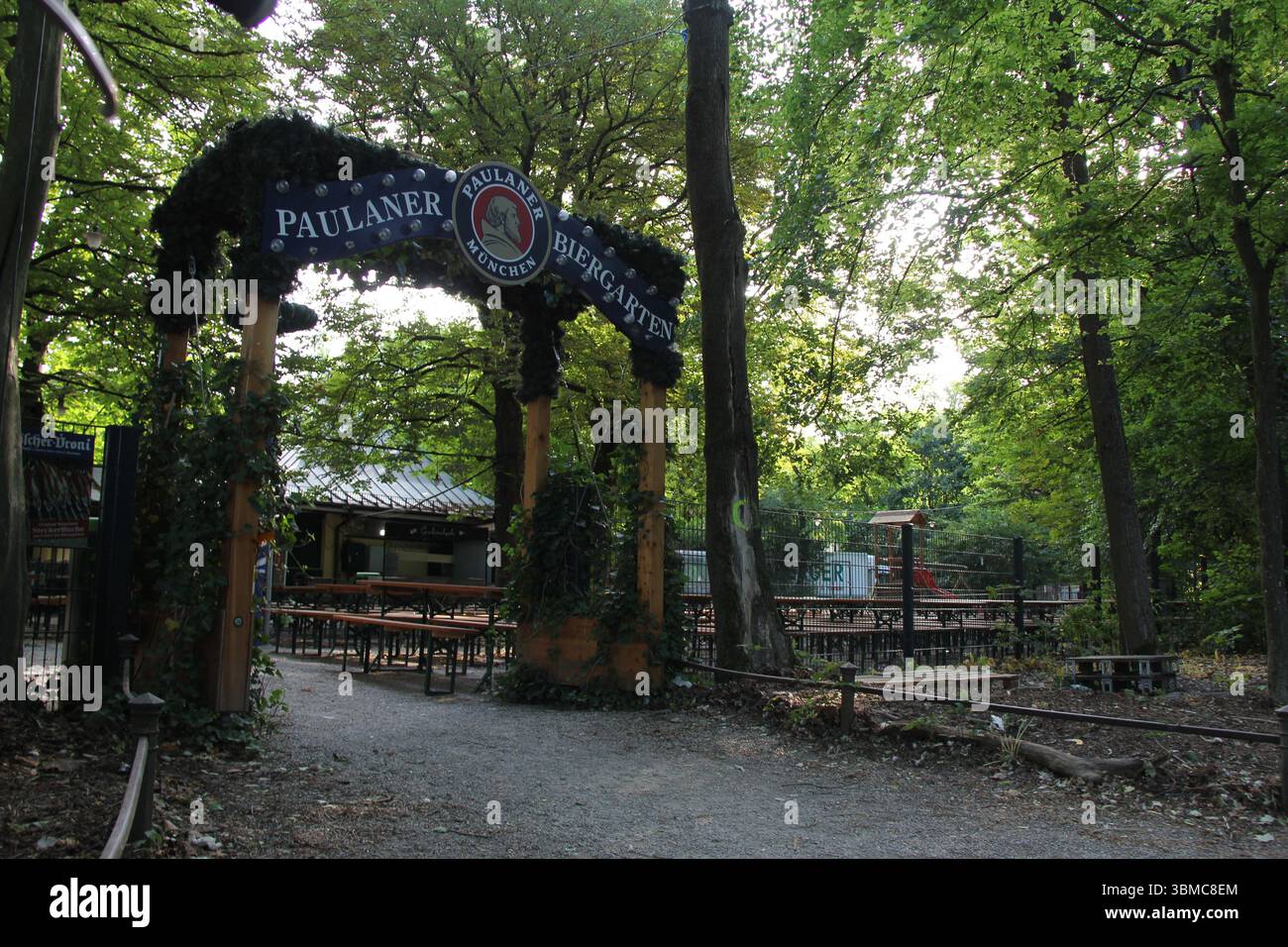 MUNICH, GERMANY - JUNE 24, 2025: Entrance to the Paulaner beer garden ...