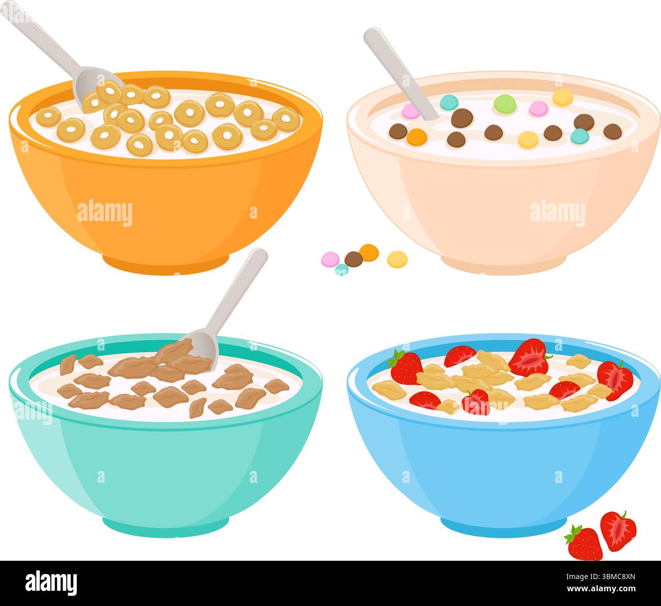Bowls of breakfast cereal. Cereal breakfast bowl set, cornflakes with ...