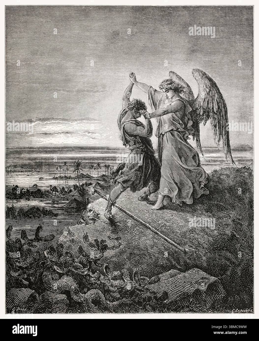 Gustave Doré, Jacob Wrestles with the Angel, illustration in engraving ...