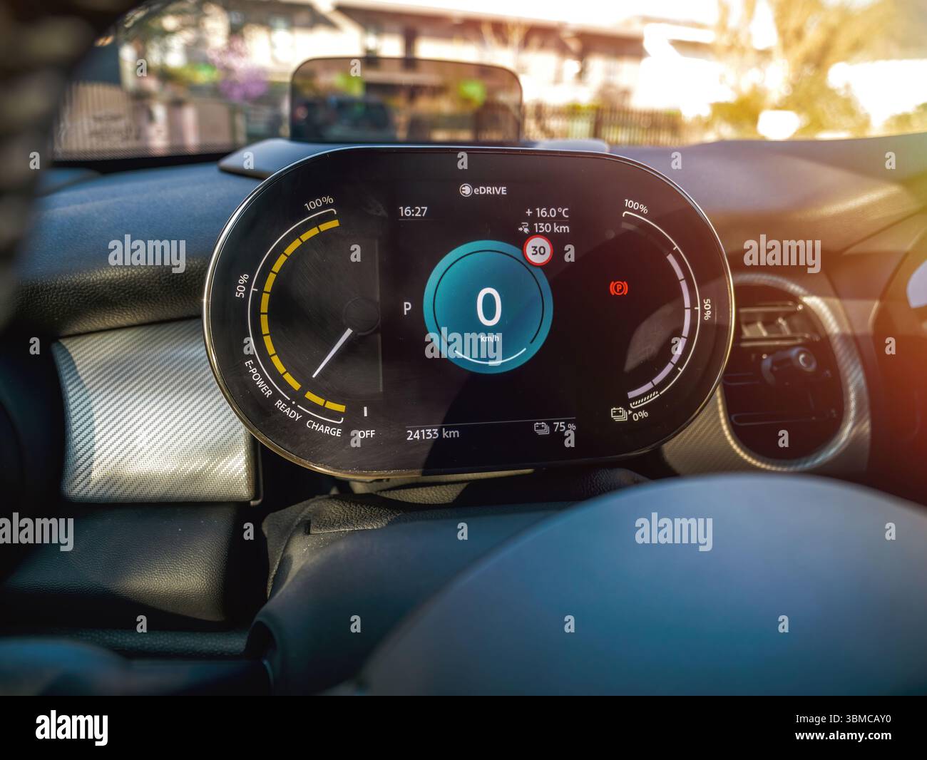 Paris, France - Mar 27, 2025: Digital dashboard of a MINI electric car ...