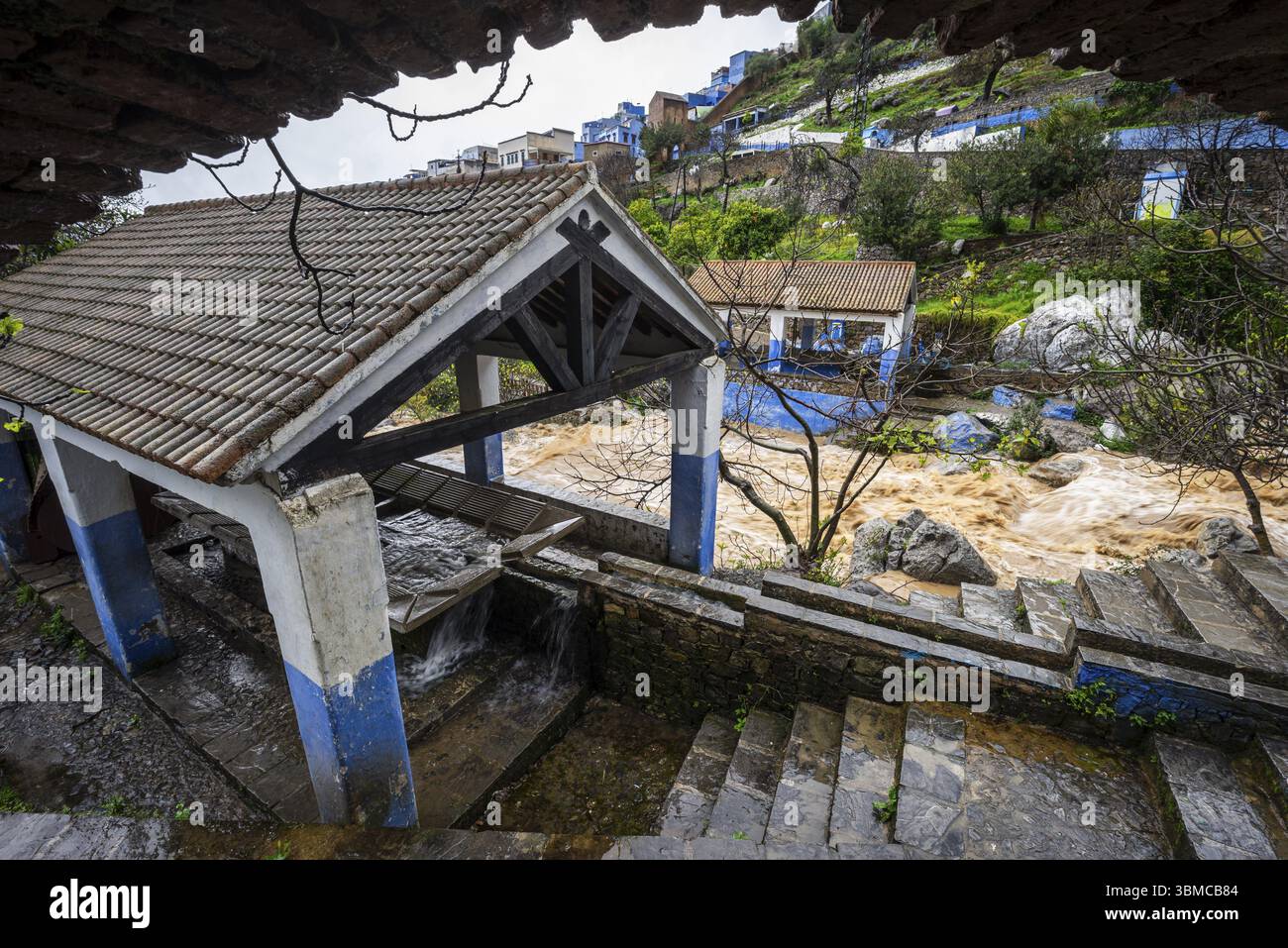 Torrential rain and swollen river, Ras el Maa fountain, Chefchaouen ...