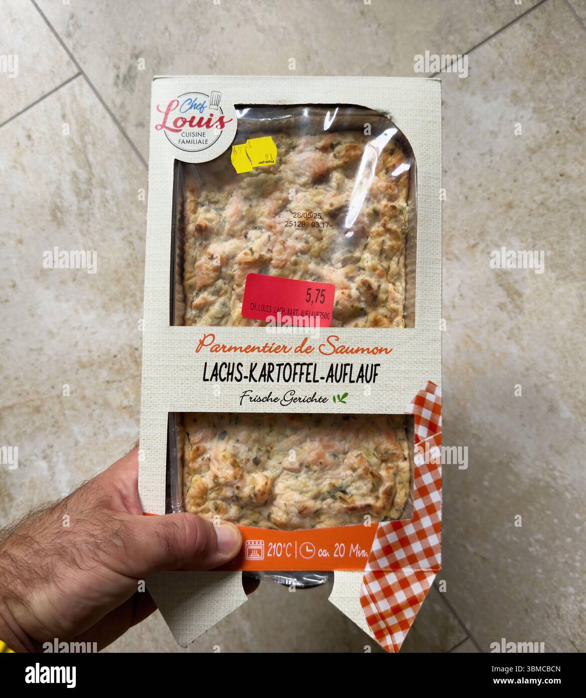 Paris, France - May 31, 2025: Parmentier de saumon ready meal with ...