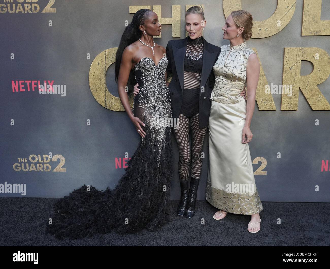 (L-R) KiKi Layne, Charlize Theron and Uma Thurman at the Netflix's THE ...