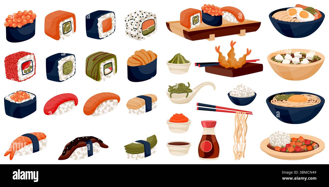 Japanese food set. Sushi rolls, ramen, tempura shrimps, miso soup, udon ...