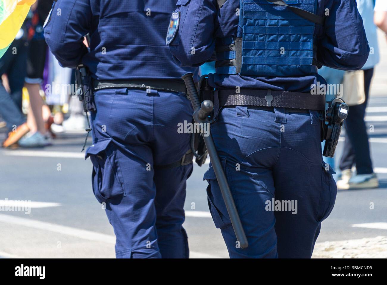 Rear view of two male police officers in uniform at public event Stock ...
