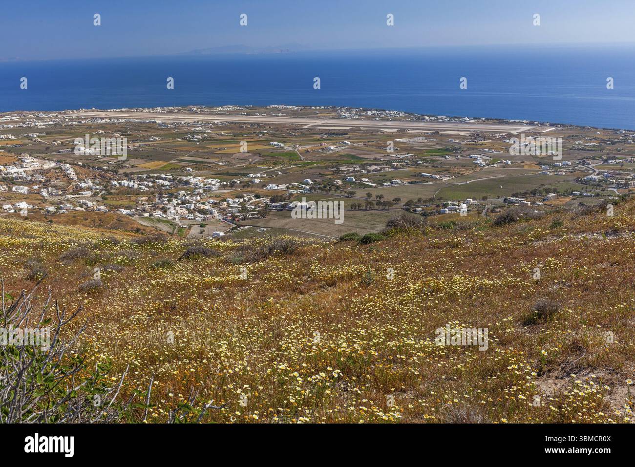 Airport with runway, Kamari, island of Santorini, Cyclades, Greece ...