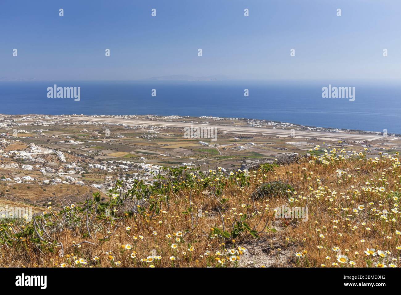 Airport with runway, Kamari, island of Santorini, Cyclades, Greece ...