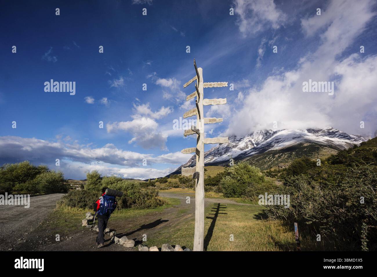 Hiker walking the W trek, Ascencio Valley, Torres del Paine National ...