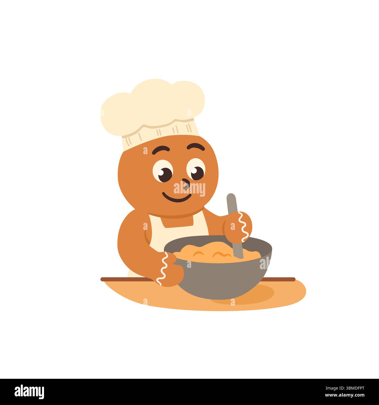 Cute gingerbread character mixing dough in a bowl with a spoon ...