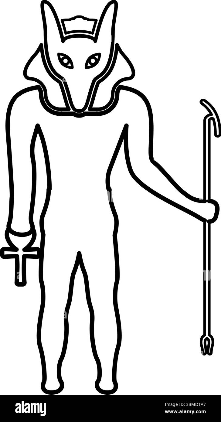 Anubis deity with jackal head ancient Egyptian god holds staff and anch ...