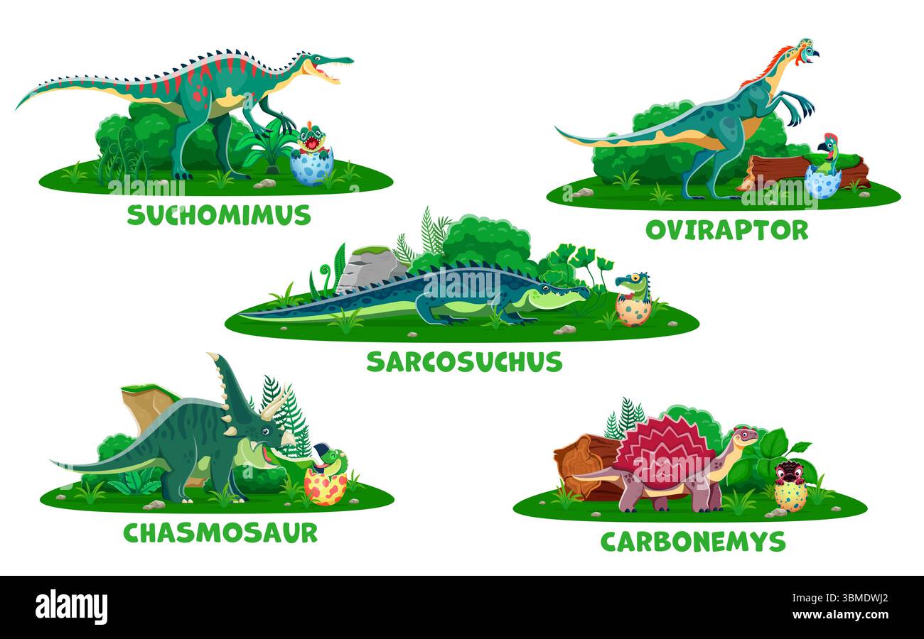 Dinosaur mother with dino kids hatching from eggs in prehistoric ...