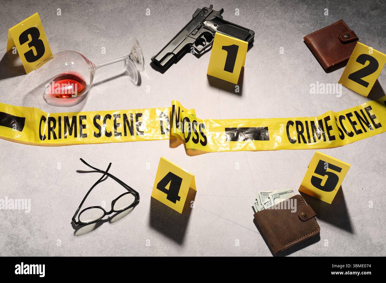 Forensic expertise. Crime scene with evidence, markers and police tape ...