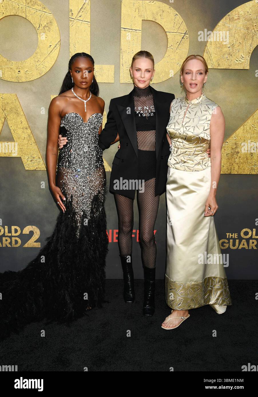 Los Angeles, California, USA. 25th June, 2025. (L-R) KiKi Layne, Charlize Theron and Uma Thurman ...