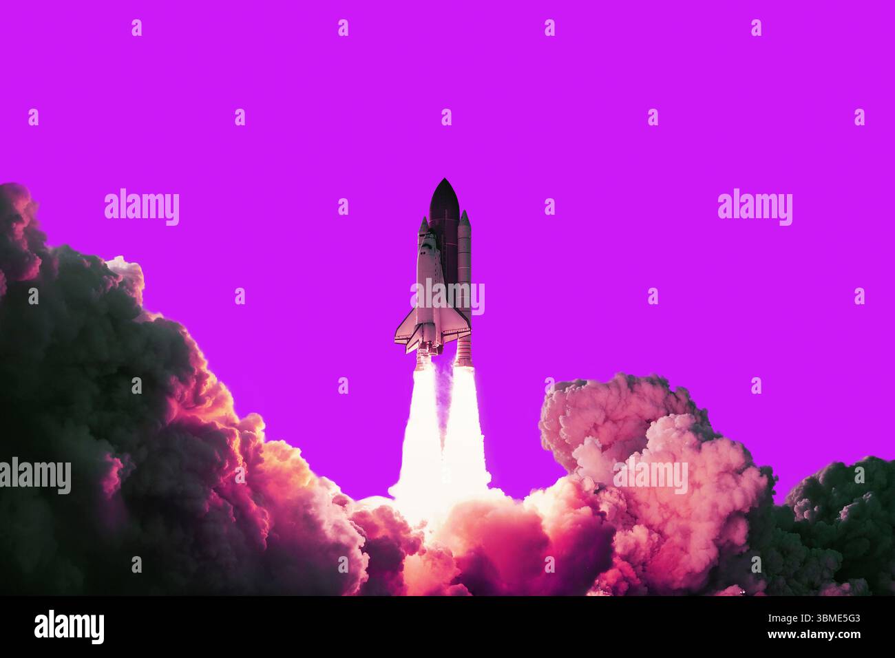Rocket Takes Off In The Pink Sky. Spaceship Begins The Mission On A ...