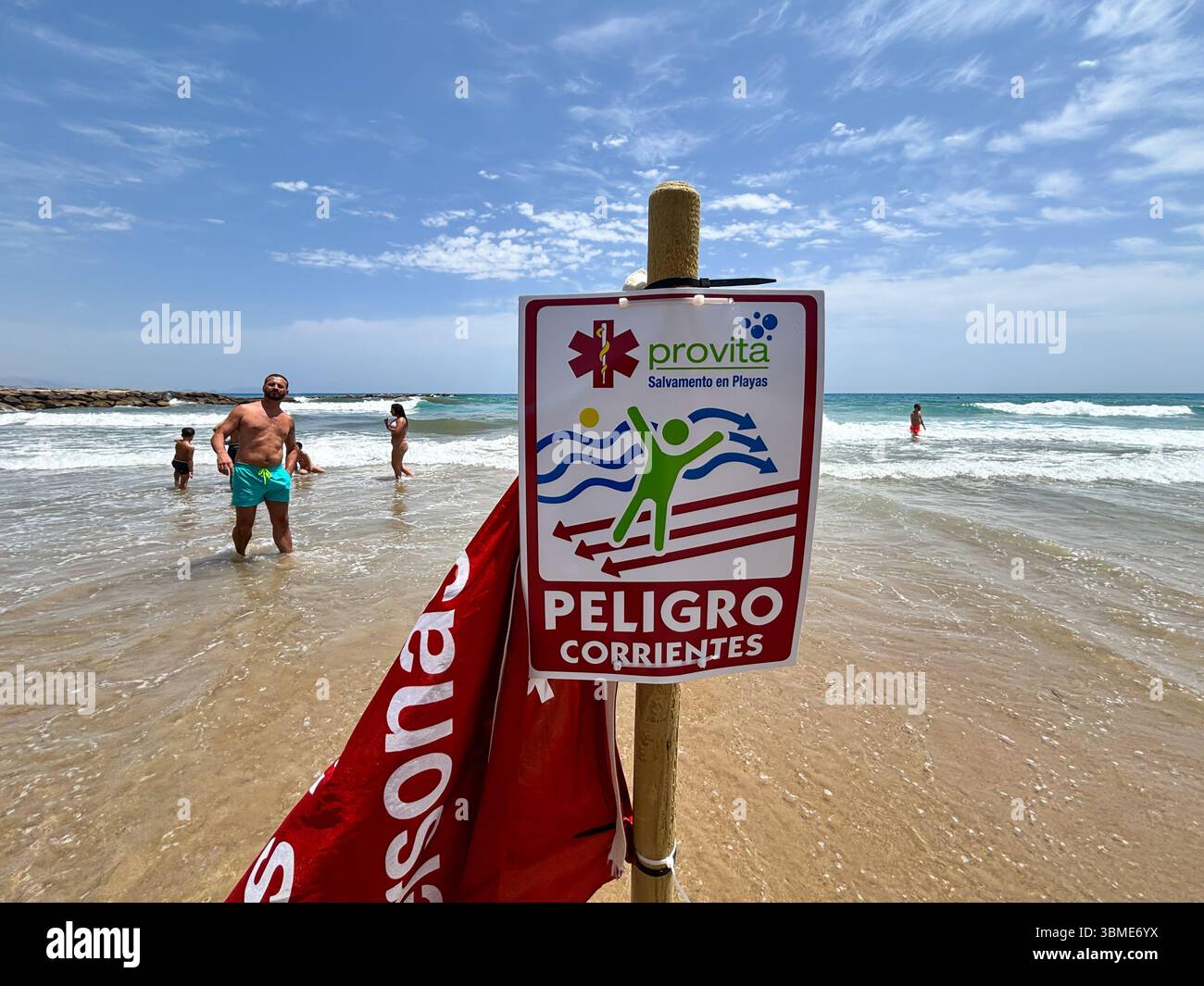 Alicante, Spain - June 24, 2025: Beach safety sign alerts swimmers ...