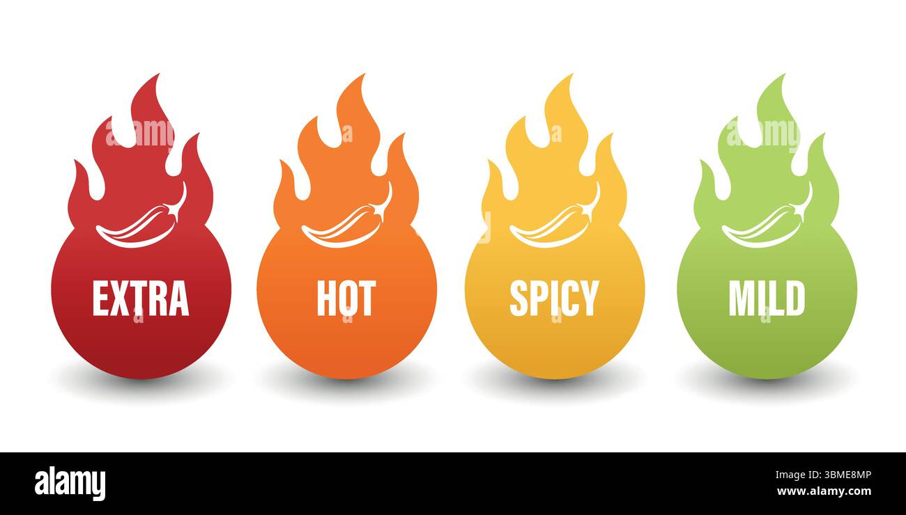 Vector Spicy Level Emblems, Icons with Chili Pepper in Flame Shapes. Extra Hot, Hot, Spicy and ...