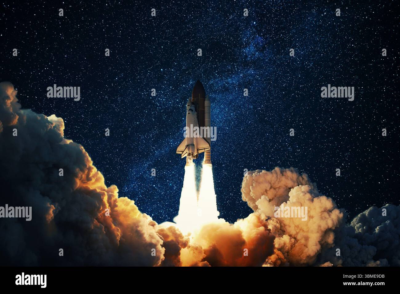 Rocket Takes Off In The Starry Sky. Spaceship Begins The Mission. Space ...
