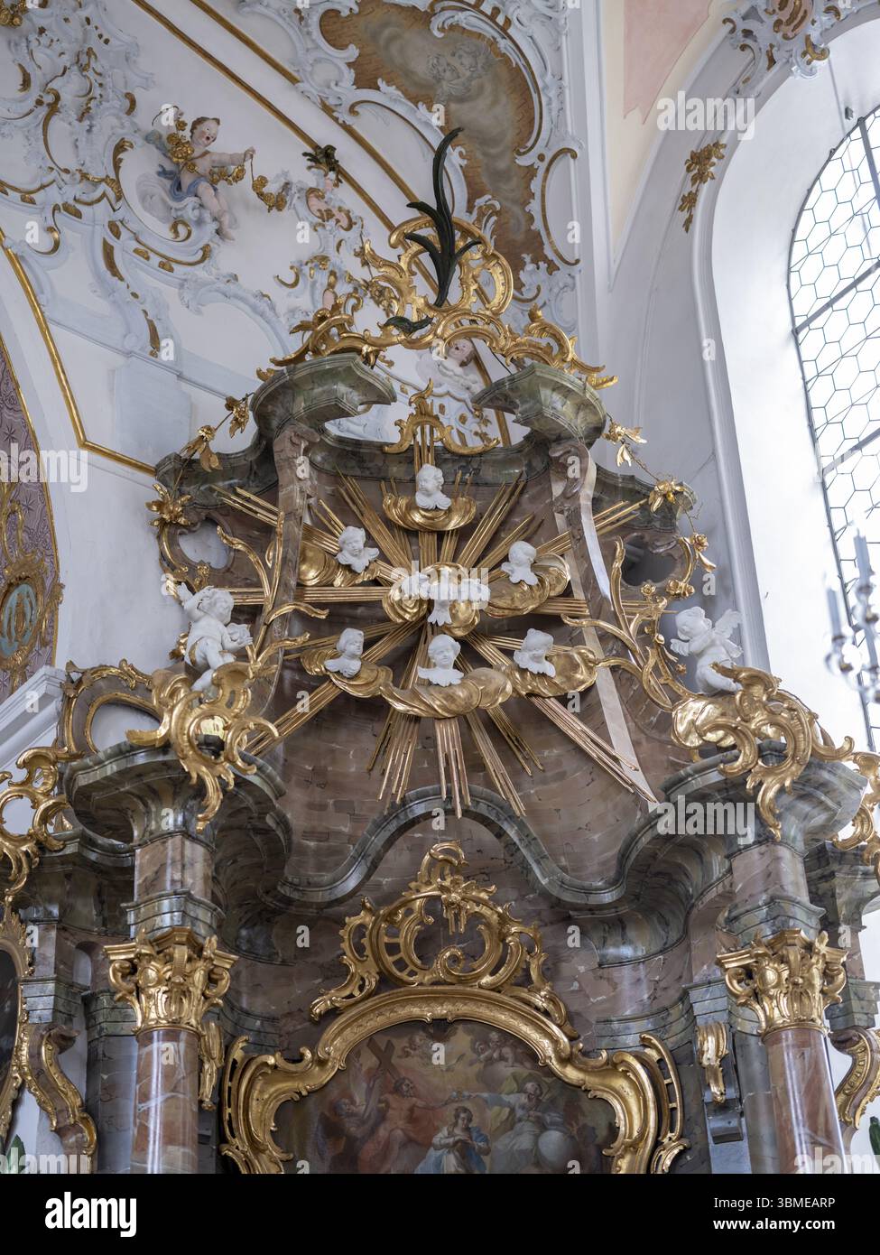 Rococo Church of St. Ulrich, detail on side altar with dove as symbol ...