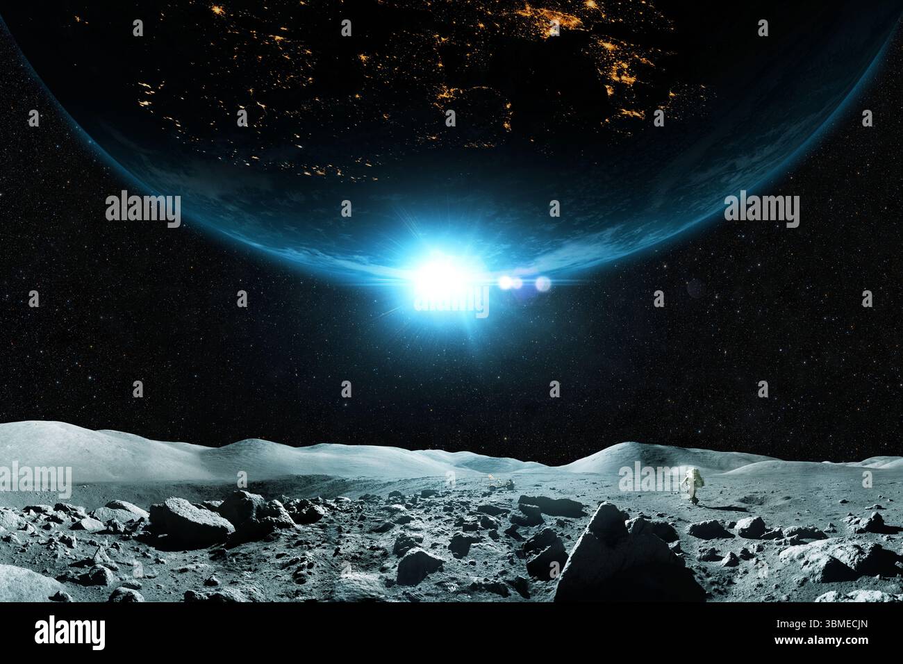 Spaceman Walks On The Moon Against The Background Of The Planet ...