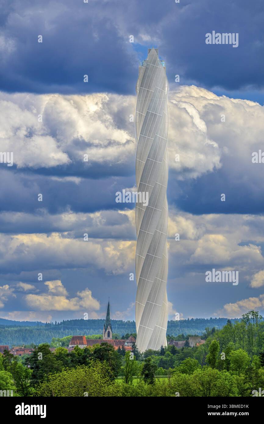 The TK-Elevator test tower in Rottweil next to a church tower. The 246 ...