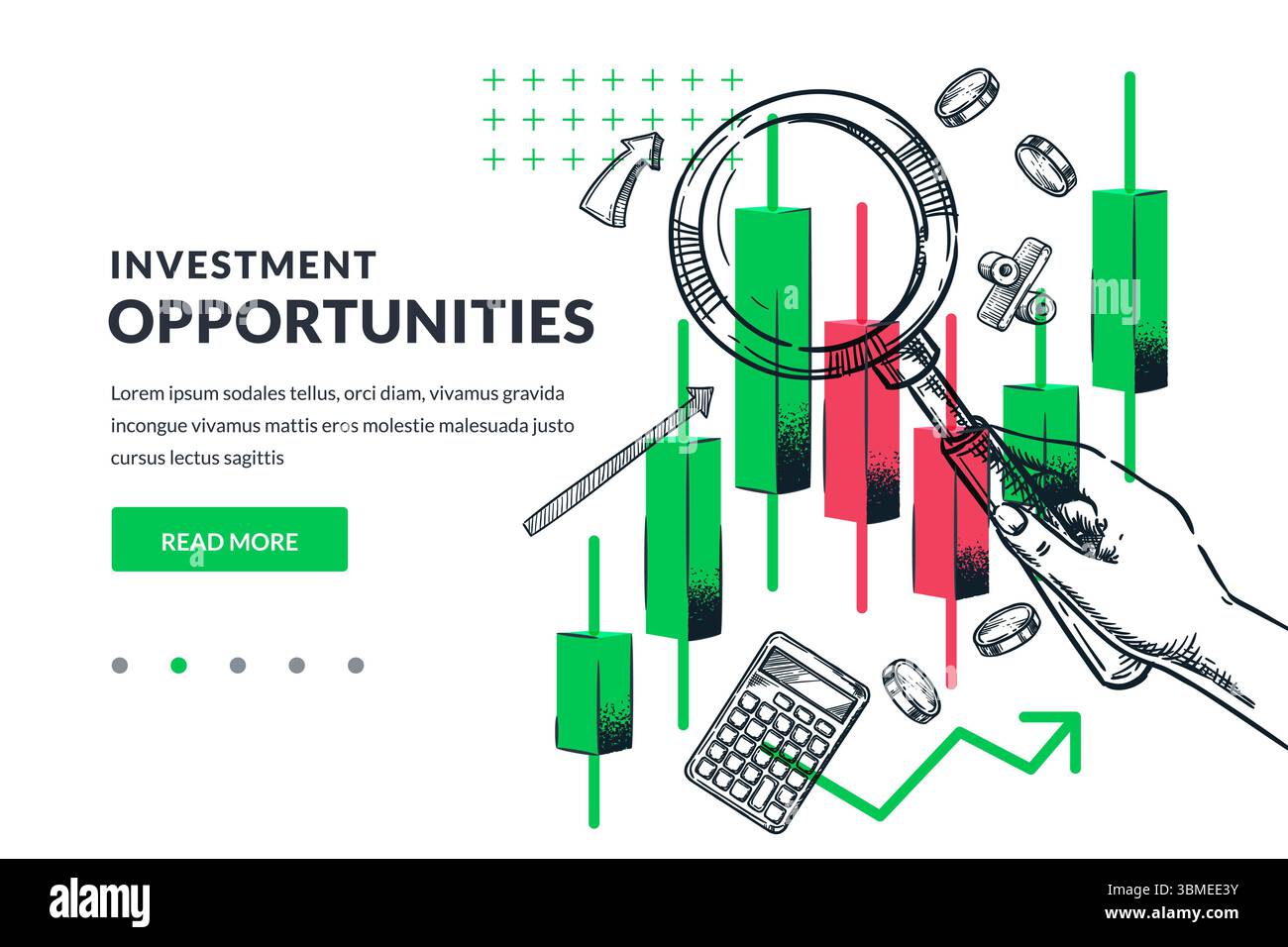 Hand with magnifying glass analyzing stock market candlesticks. Vector ...
