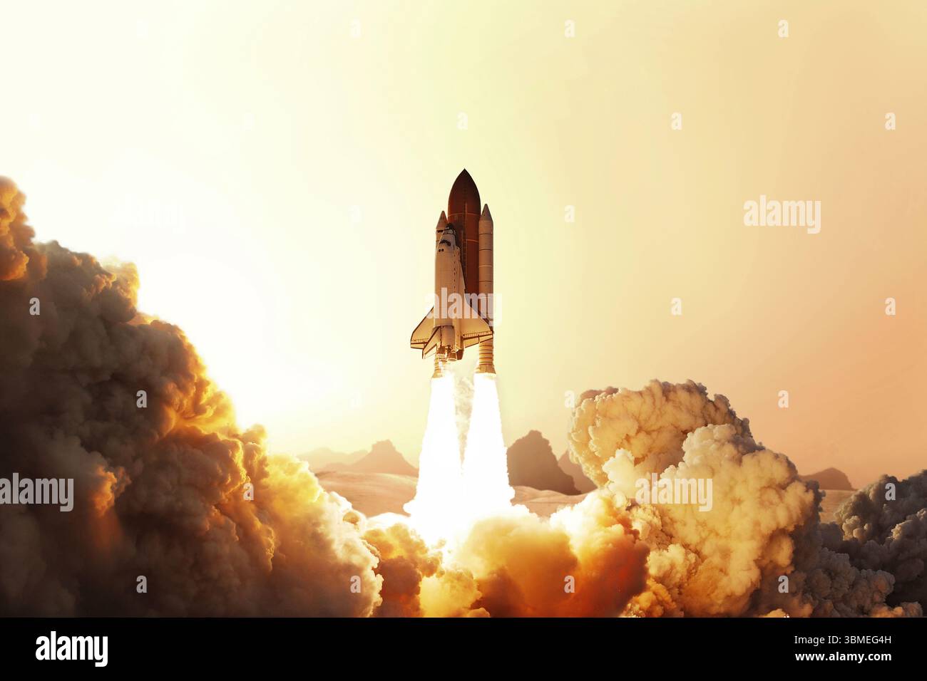 Rocket Liftoff. Space Shuttle Take Off On Red Planer Mars. Rocket ...